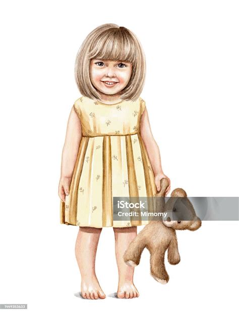 수채화 상상의 캐릭터 만화 드레스에 금발 머리를 가진 작은 소녀 서 있고 테디 베어 장난감을 들고 귀여운에 대한 스톡 벡터 아트 및 기타 이미지 Istock