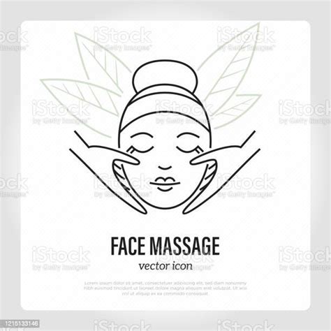 얼굴 마사지 소녀 얼굴 근처 손 가는 선 아이콘입니다 스킨 케어 스파 트리트먼트 휴식 벡터 그림입니다 얼굴 마사지에 대한 스톡