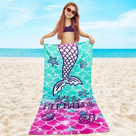 Personalized Mermaid Pink Green Girls Beach Towel Lofaris