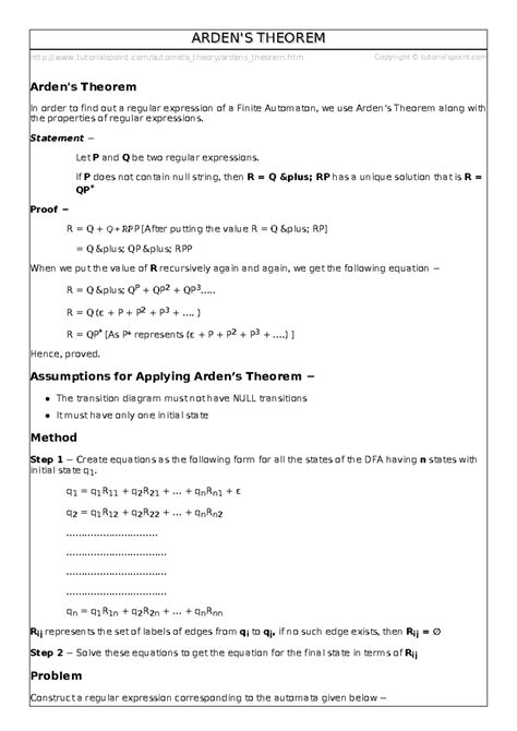 Ardens Theorem Class Notes Tutorialspointautomatatheoryardenstheoremhtm Copyright