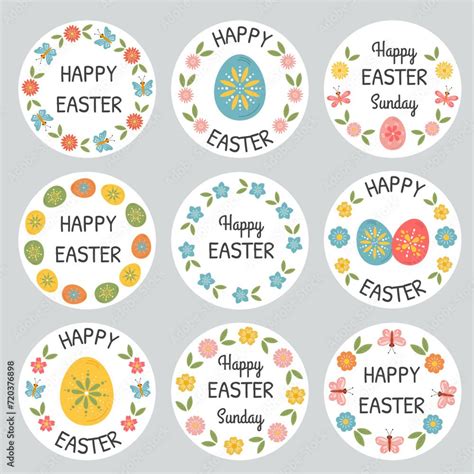 Bundle Of Easter Label And Badge With Flowers And Eggs