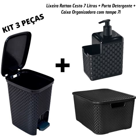 Kit Cozinha Lixeira Rattan Cesto 7 Litros Pedal Porta Detergente