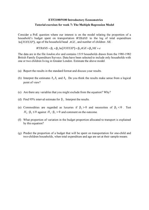 Week7 Tutorial Exercise ETF2100 9100 Introductory Econometrics
