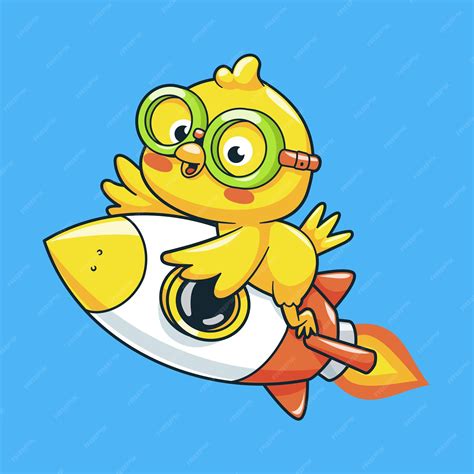 Cute Yellow Bird Flying With Rocket Premium Vector