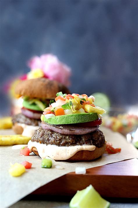 Juicy Hamburger Recipe With Pineapple Salsa Spicy Aioli Delightful