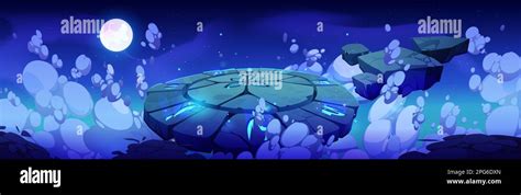 Cartoon Game Platform Floating In Clouds Vector Illustration Of Large Stone Circle Arena With