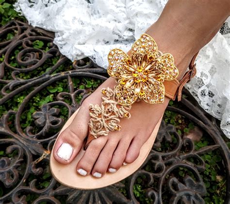 Flat Wedding Sandals For Bride Gold Leather Sandals Bridal Rhinestone
