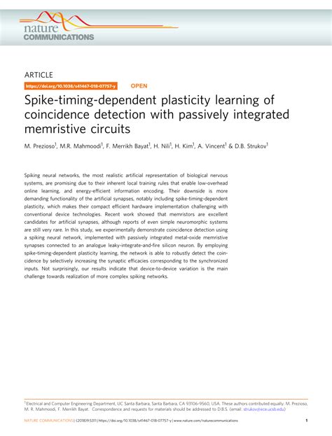 Pdf Spike Timing Dependent Plasticity Learning Of Coincidence
