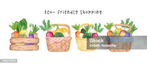 나무 빈티지 고리 버들 바구니에 담긴 다양한 야채 수채화의 배너 그룹 벡터 만화 손으로 그린 그림은 흰색 배경에 분리되어 있다 시장 소매점에 대한 스톡 벡터 아트 및 기타