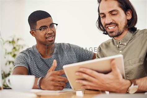 Creative Tablet And Explanation In Office Men And Smile For Teamwork