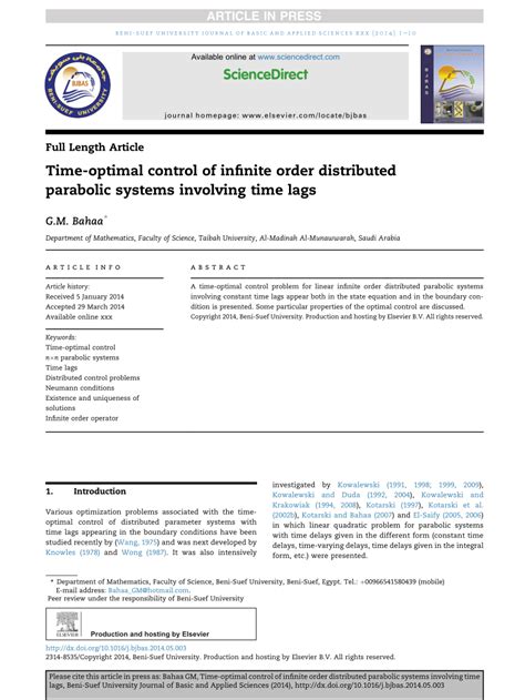 Pdf Time Optimal Control Of Infinite Order Distributed Parabolic Systems Involving Time Lags
