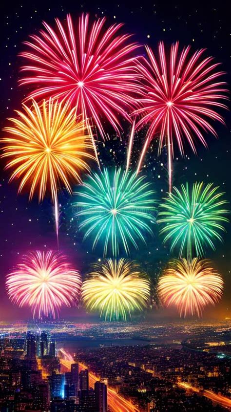 Colorful Fireworks Exploding In The Night Sky Over A City Illustration