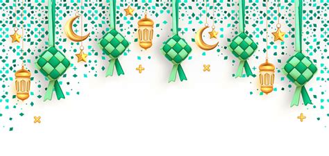 Ketupat 초승달 및 랜턴으로 라마단 무바라크 Eid Al Fitr 복사 공간 텍스트 영역 3d 벡터 일러스트 레이 션에 대