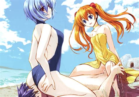 Rule 34 2girls Asuka Langley Sohryu Beach Blue Eyes Brown Eyes Censored Clothed Female Nude