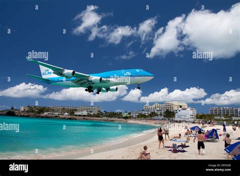 Airplane Boeing 747 Klm Landing Directly Over The Beach St Stock
