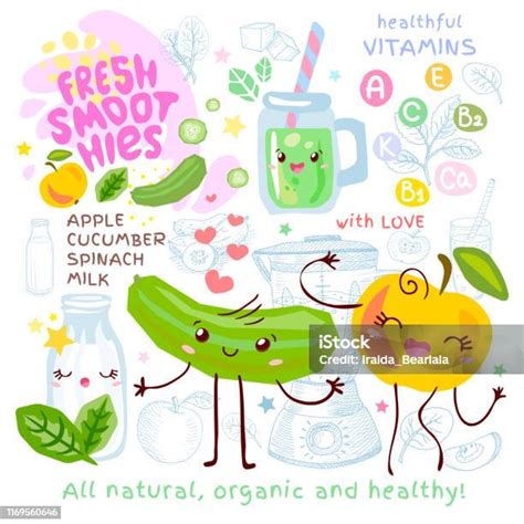 신선한 스무디 레시피 귀여운 가와이이 캐릭터 과일 성분 유리 항아리 비타민 재미 있는 스타일 사과 오이 우유 시금치 주스 스무디 녹색 잎 민트 손으로 그린 벡터 그림입니다