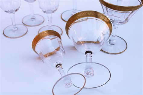 Vintage Gold Encrusted Rambler Rose Tiffin Stemware Champagne Wine Glasses