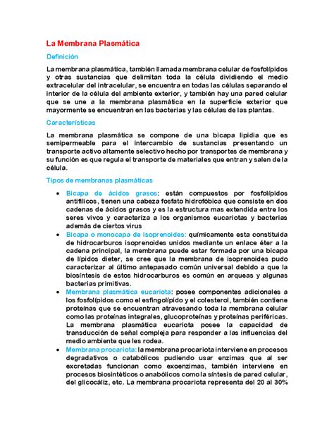 La Membrana Plasmática La Membrana Plasmática Definición La Membrana