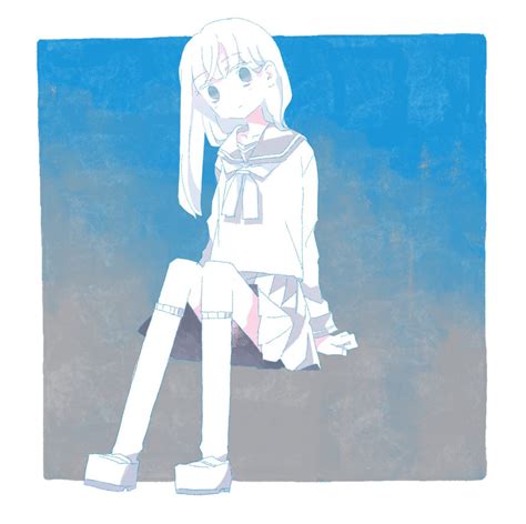 Safebooru 1girl Arm Support Blue Background Border Collarbone