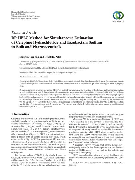 Pdf Rp Hplc Method For Simultaneous Estimation Of Cefepime Hydrochloride And Tazobactam Sodium