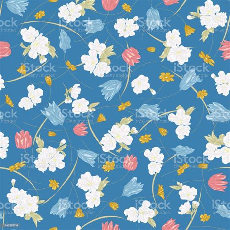 원활한 벡터 꽃 패턴 손으로 그려진 된 봄 꽃 파란색 배경에 분홍색과 흰색 색상 스케치 스타일의 Ditsy 인쇄 0명에 대한 스톡 벡터 아트 및 기타 이미지 Istock