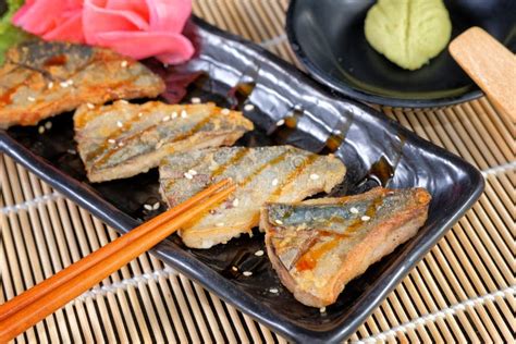Grilled Saba Fish In Teriyaki Sauce On Black Dish Stock Image Image Of Appetizer Grill
