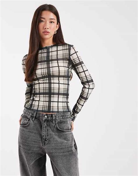 Asos Design Second Skin Sheer Check Printed Top In Ivory Asos