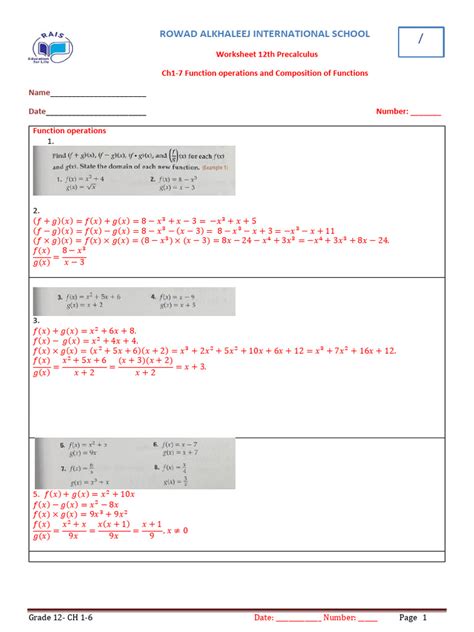 Worksheet 12th Precalculus Ch1 7 Function Operations And Composition Of