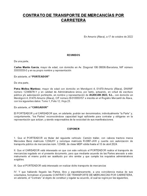 Contrato De Transporte De Mercancías Por Carretera Pdf Daños Y