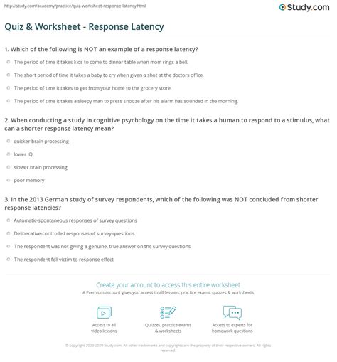Quiz Worksheet Response Latency Study