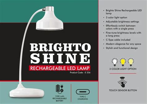 Brighto Shine Rechargeable Led Lamp 3 Color Light With Brightness