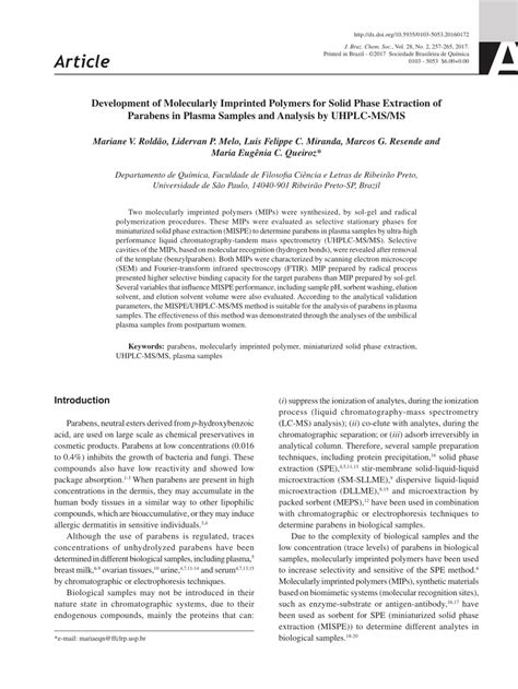 Pdf Development Of Molecularly Imprinted Polymers For Solid Phase Extraction Of Parabens In