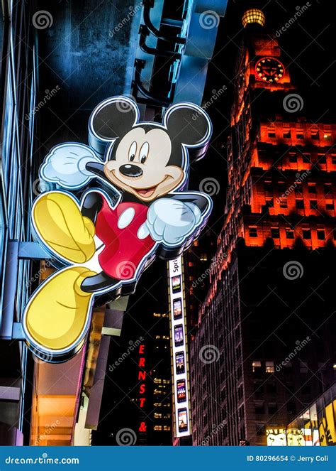 Mickey Mouse Sign Hanging Outside Store In Times Square New York City