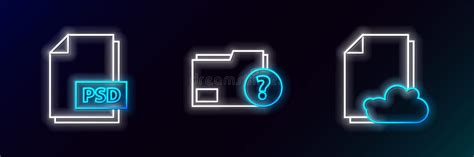 Set Line Cloud Storage Text Document Psd File And Unknown Folder Icon Glowing Neon Vector
