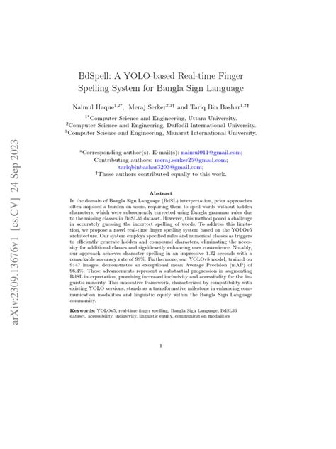bdspell a yolo based real time finger spelling system for bangla sign language pdf