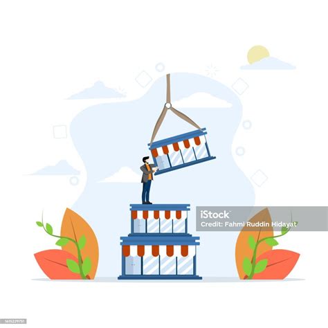 비즈니스 구축 회사 제국 확장 또는 성장 조직 성장 또는 야망 및 매출 증대 노력의 개념 야심 찬 기업가는 회사 더미 위에 상점을 건설합니다 Empire에 대한 스톡 벡터