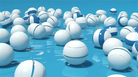 3d 모델 둥근 원형 모양의 물에 둥근 흰색 계란 3d 렌더링 많은 흰색 및 파란색 구명 부표와 밝은 파란색 배경에 떠 있는 비치 볼 고화질 사진 사진 배경 일러스트