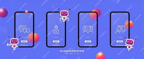 작업 루틴 세트 아이콘 온라인 회의 교환 정보 팀워크 프레젠테이션 운영자 연설 거품 상담 비즈니스 개념 Glassmorphism 스타일 Ui 전화 앱 화면 프리미엄 벡터