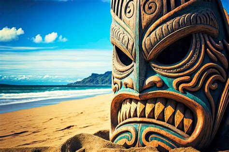 Wooden Polynesian Tiki Mask On Sandy Beach By Sea Stock Illustration