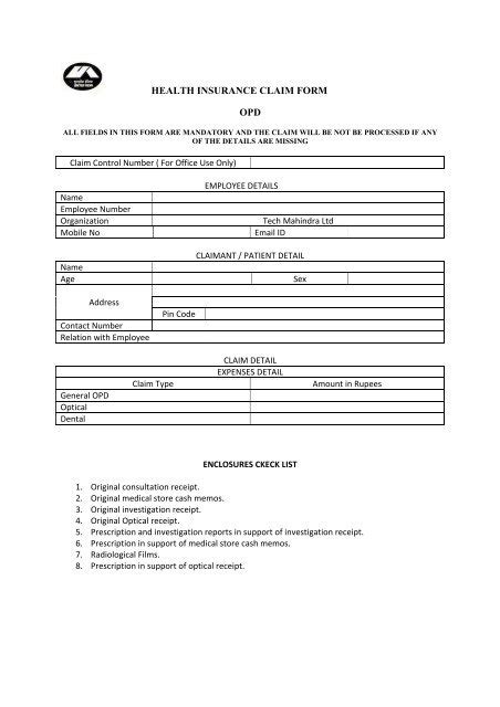 Health Insurance Claim Form Opd Genins India Tpa Ltd