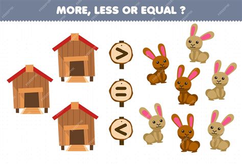 어린이를 위한 교육 게임은 귀여운 만화 토끼와 허치 인쇄 가능한 농장 워크시트의 양을 더 많거나 같게 계산합니다 프리미엄 벡터