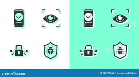 set system bug smartphone cyber security and eye scan icon vector