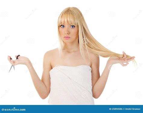 Woman With Scissors Wondering Stock Photo Image