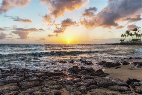Sunset At Poipu Beach With Palm Trees Photograph By Belinda Greb Fine