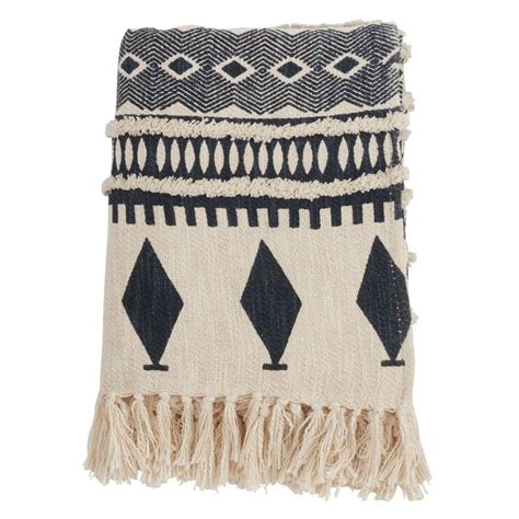 Printed And Embellished Throw Blanket Navy Blue Saro Lifestyle Blue