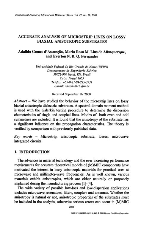 Pdf Accurate Analysis Of Microstrip Lines On Lossy Biaxial Anisotropic Substrates