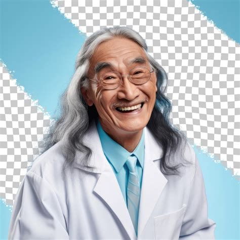 Premium Psd Outraged Asian Senior Scientist Tilted Head Grin Long