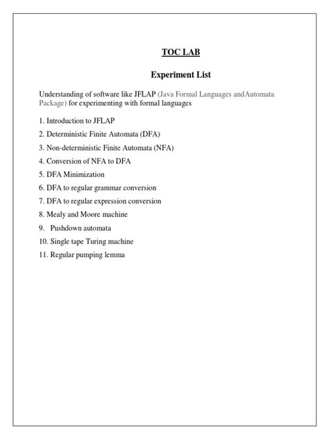 Toc Lab Experiment List Java Formal Languages And Automata Package
