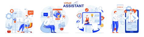 Virtual Assistant Concept Set People Isolated Scenes In Flat Design
