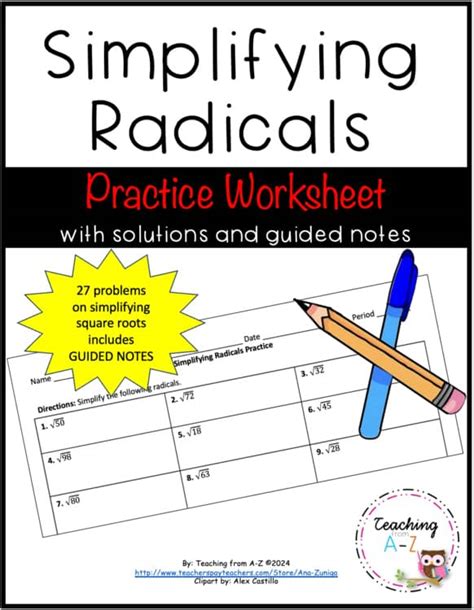 Simplifying Radicals Worksheet With Answers Pdf By Teaching From A Z